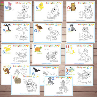 English alphabet coloring book download for print, animals alphabet
