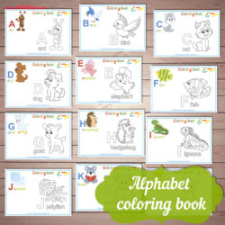 English alphabet coloring book download for print, animals alphabet